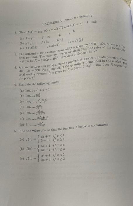 Solved 1. Given f(x)=x+11,g(x)=5+2 and A(x)=x2−1, find- (s) | Chegg.com