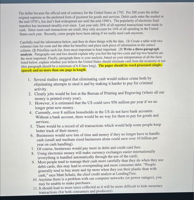 Solved The dollar became the official unit of currency for | Chegg.com