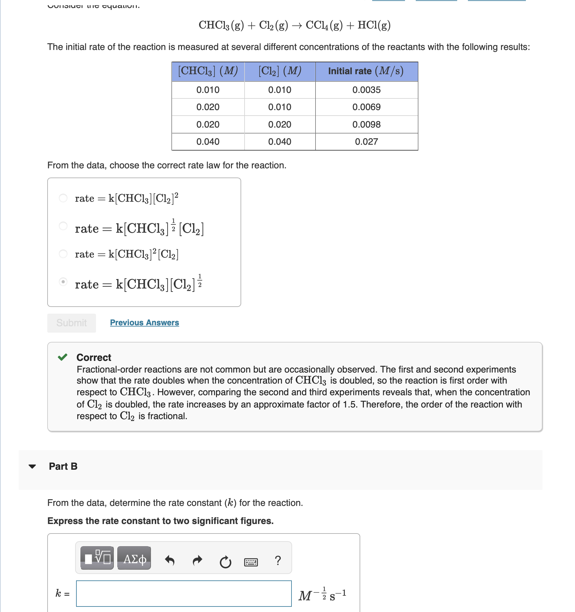Solved Answer Part B PleaseFrom the data, determine the rate | Chegg.com