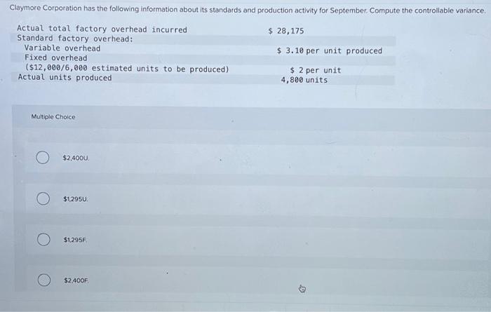 Solved Multiple Choice $2,4000 $1,295U. $1,295 F | Chegg.com