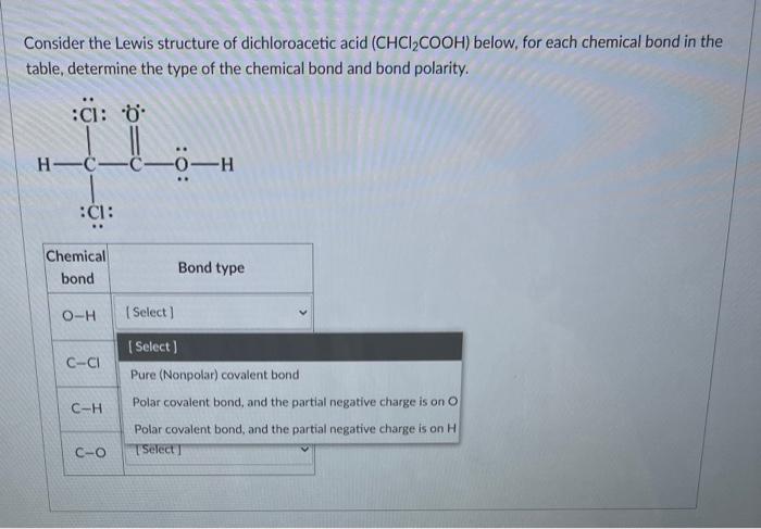 Consider the Lewis structure of dichloroacetic acid | Chegg.com