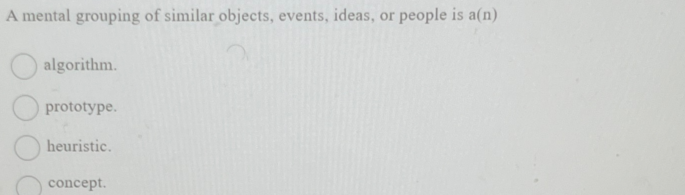 Solved A mental grouping of similar objects, events, ideas, | Chegg.com