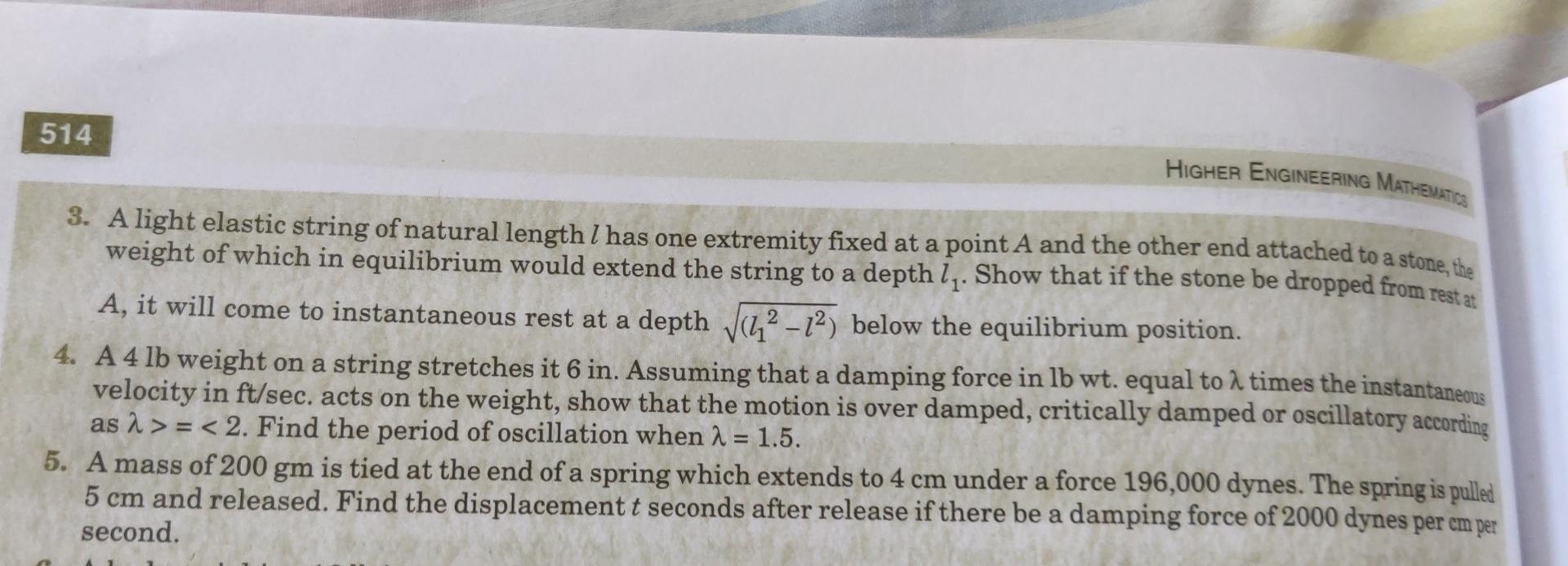 Solved 514 HIGHER ENGINEERING MATHEMATICS 3. A light elastic | Chegg.com