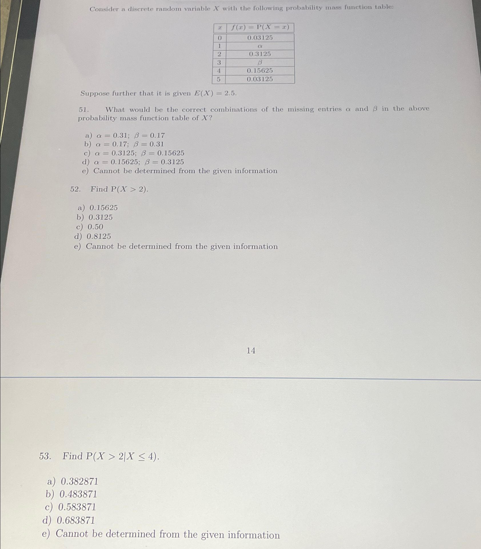 Solved Consider a discrete random variable x ﻿with the | Chegg.com