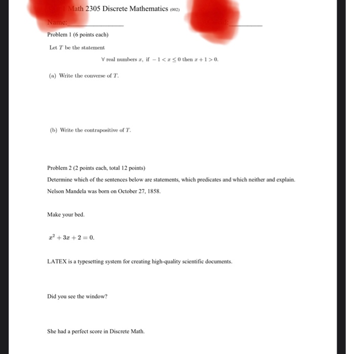 Solved Math 2305 Discrete Mathematics (002) Name: Problem 1 | Chegg.com