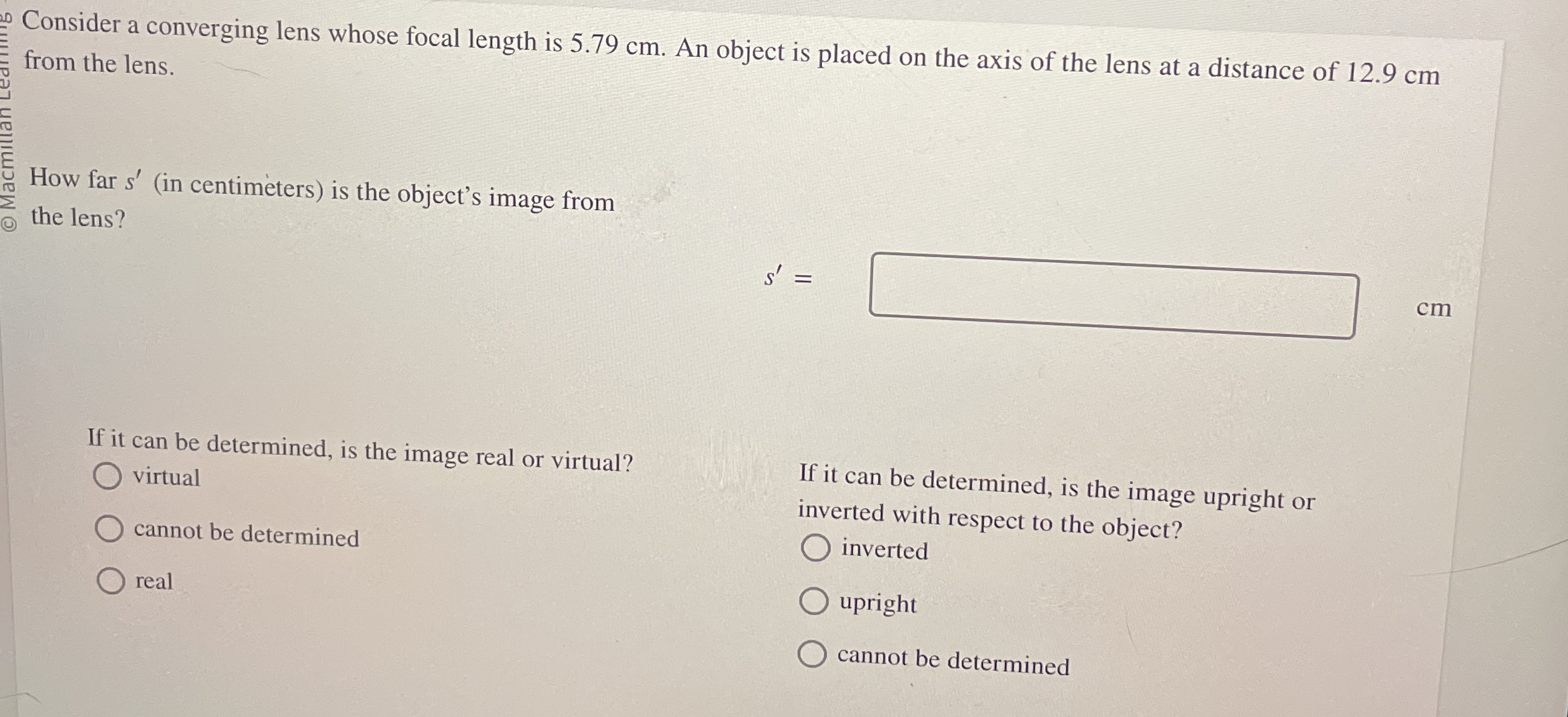 Solved Consider a converging lens whose focal length is 5.79 | Chegg.com
