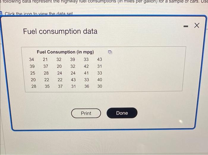 Solved The following data represent the highway fuel | Chegg.com