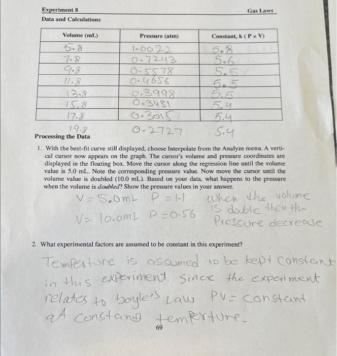 Data and Calculations Processing the Data 1. With the | Chegg.com
