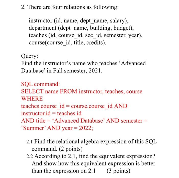 Solved 2. There are four relations as following: instructor | Chegg.com