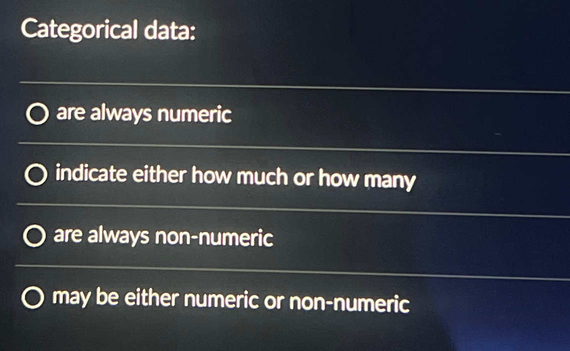 Solved Categorical data:are always numericindicate either | Chegg.com
