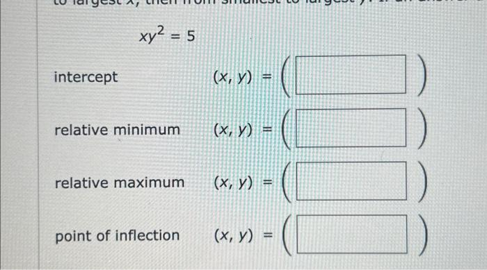 Solved intercept xy² = 5 relative minimum relative maximum | Chegg.com