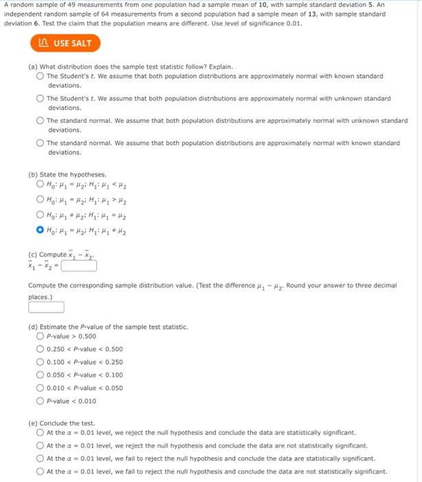 Solved random sample of 49 measurements from one population | Chegg.com
