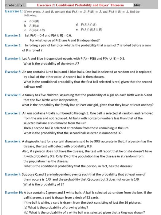 Solved Probability 1 Exercises 2: Conditional Probability | Chegg.com