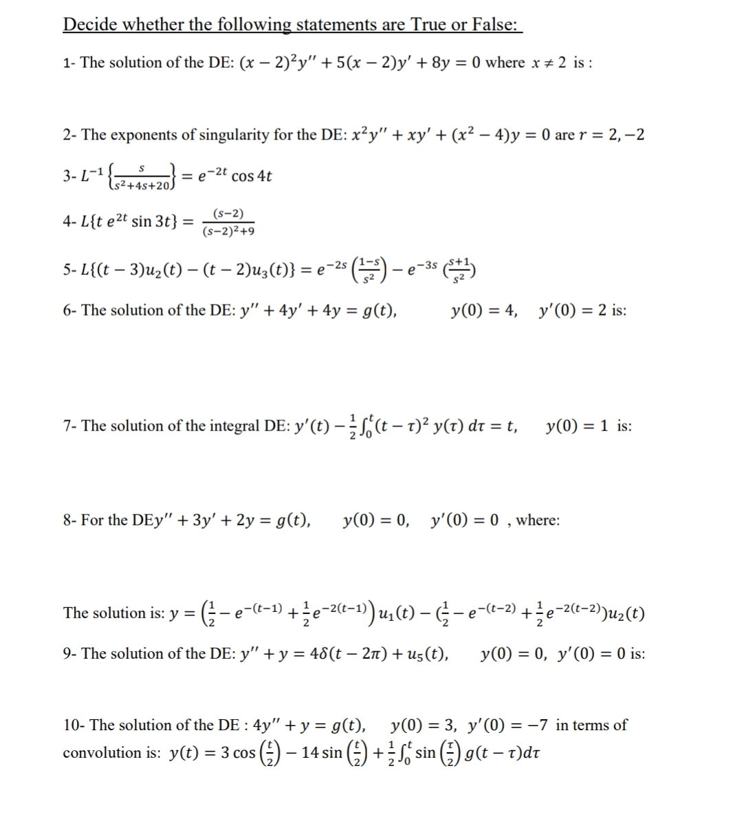 Solved Decide whether the following statements are True or | Chegg.com