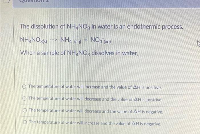 Solved The dissolution of NH NO, in water is an endothermic | Chegg.com