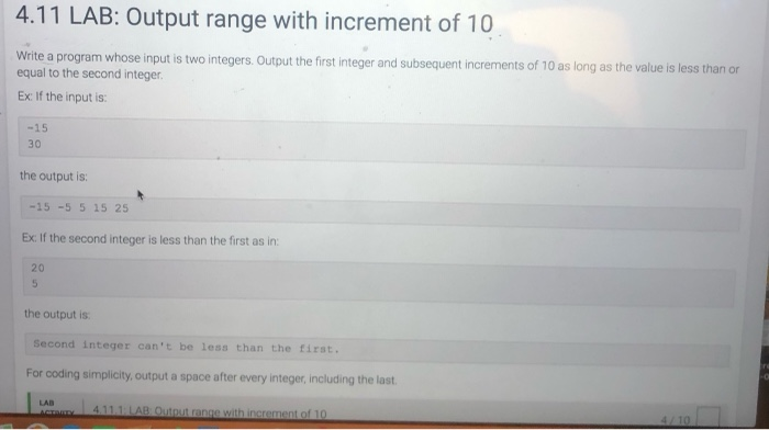 Solved 4.11 LAB: Output range with increment of 10 Write a | Chegg.com
