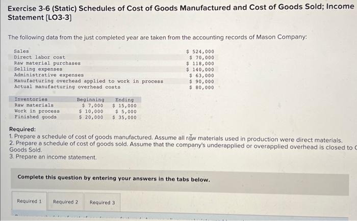 Solved Exercise 3-6 (Static) Schedules of Cost of Goods | Chegg.com