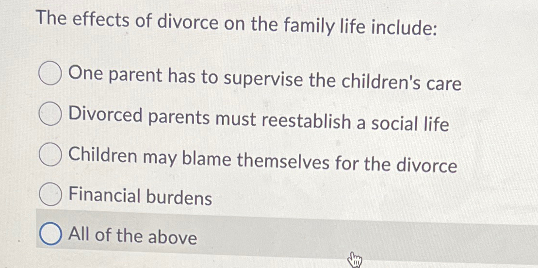 Solved The effects of divorce on the family life include:a) | Chegg.com