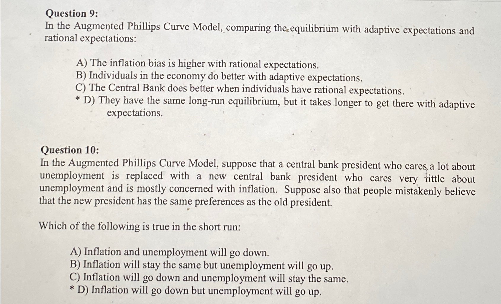 Solved Question 9:In the Augmented Phillips Curve Model, | Chegg.com