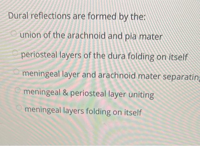Solved Dural reflections are formed by the: union of the | Chegg.com