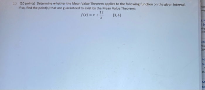 Solved 1.) (10 points) Determine whether the Mean Value | Chegg.com