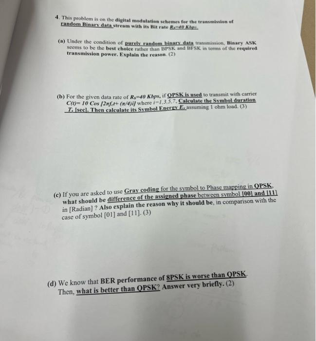 Solved 4. This problem is on the digital modulation schemes | Chegg.com