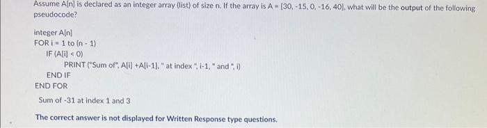 Solved Assume A[n] is declared as an integer array (list) of | Chegg.com