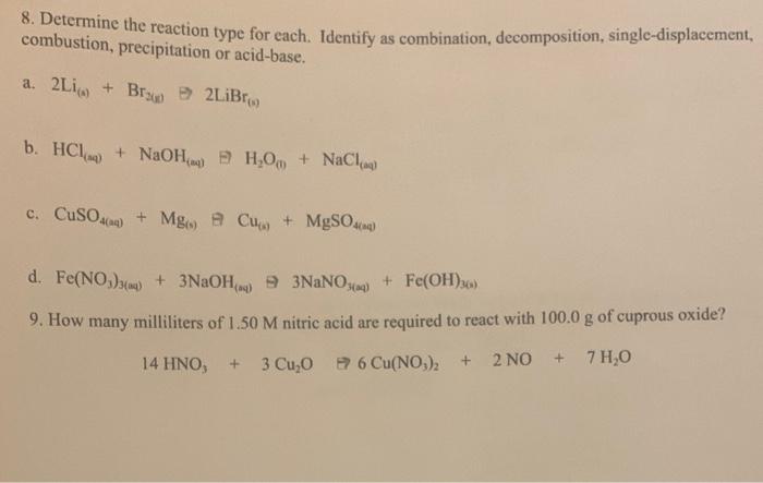Solved 7. For the following equation label the oxidation | Chegg.com