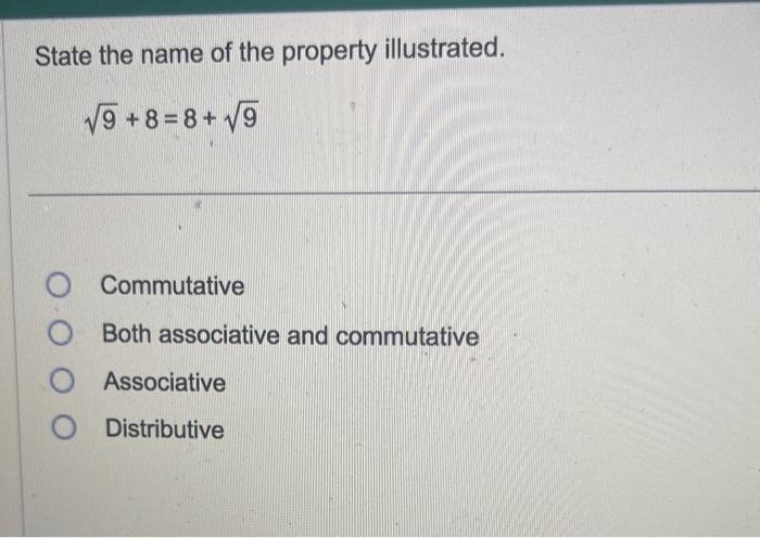Solved State the name of the property illustrated. 9+8=8+9 | Chegg.com