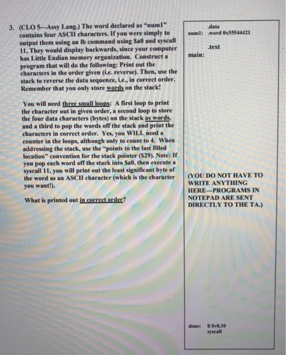Solved numl: .word Ox55544421 .text mai 3. (CLOS-Assy Lang.) | Chegg.com