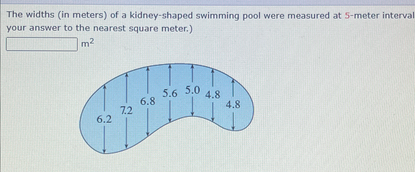 Solved The widths (in meters) ﻿of a kidney-shaped swimming | Chegg.com