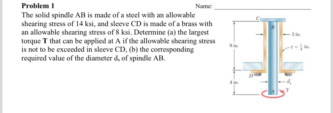 Solved Problem 1Name:The solid spindle AB is made of a steel | Chegg.com