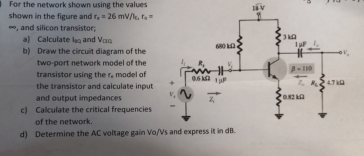Solved For the network shown using the values shown in the | Chegg.com