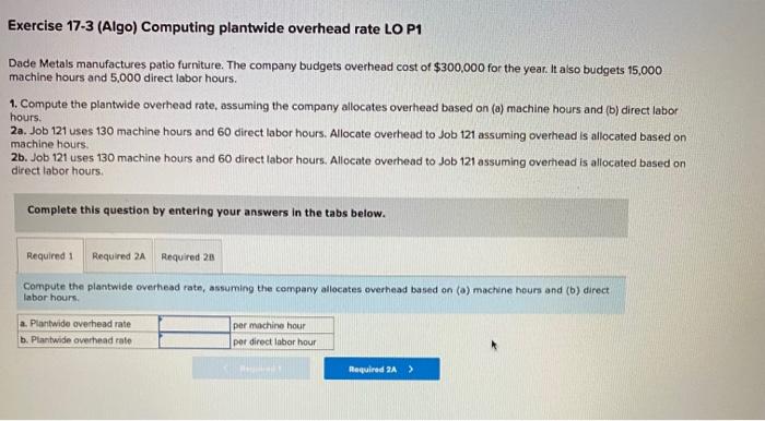 Solved Exercise 17-3 (Algo) Computing plantwide overhead | Chegg.com
