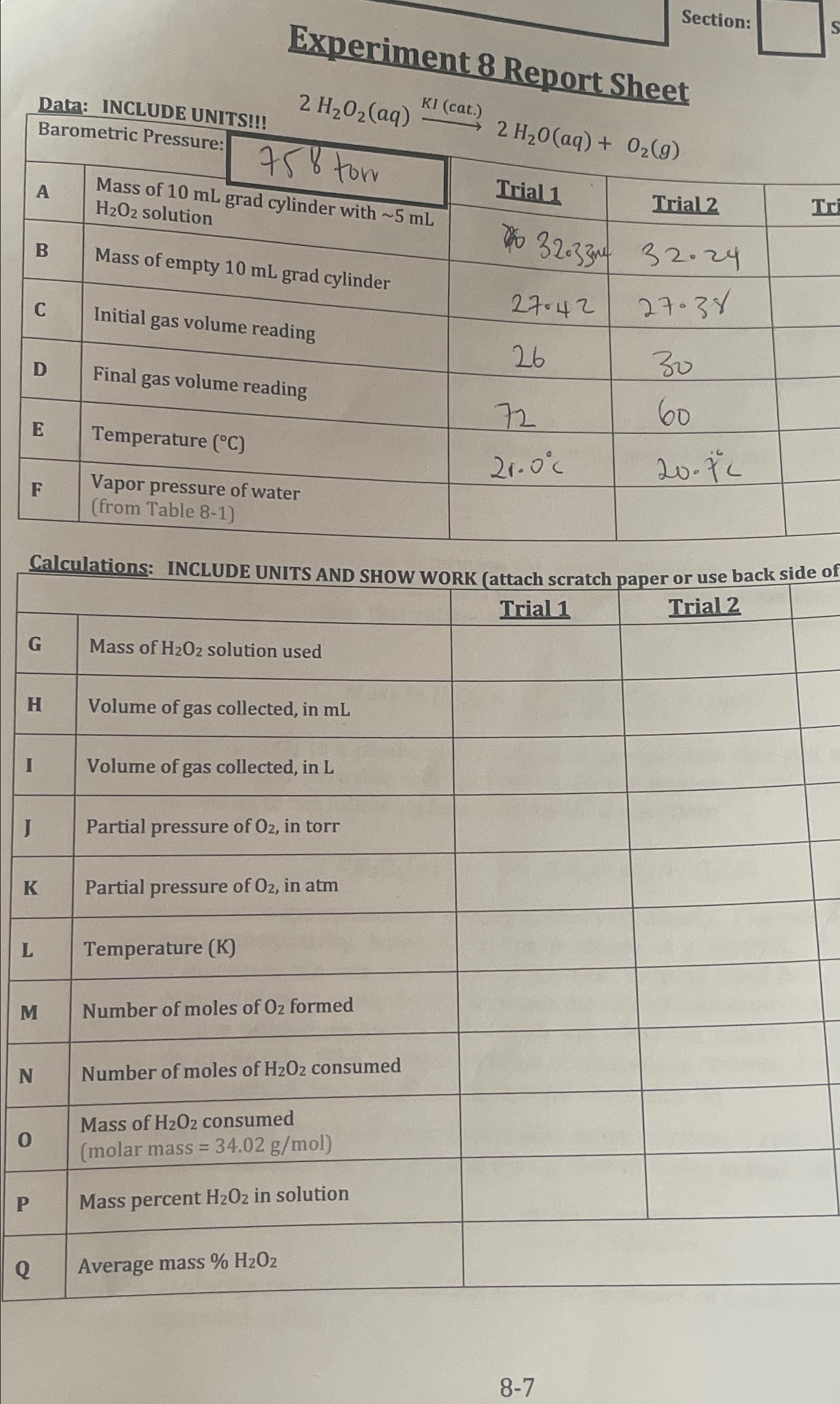 Solved Section:Experiment 8 ﻿Report SheetCalculations: | Chegg.com