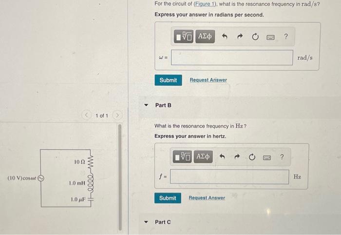 Solved For the circuit of (Figure 1), what is the resonance | Chegg.com