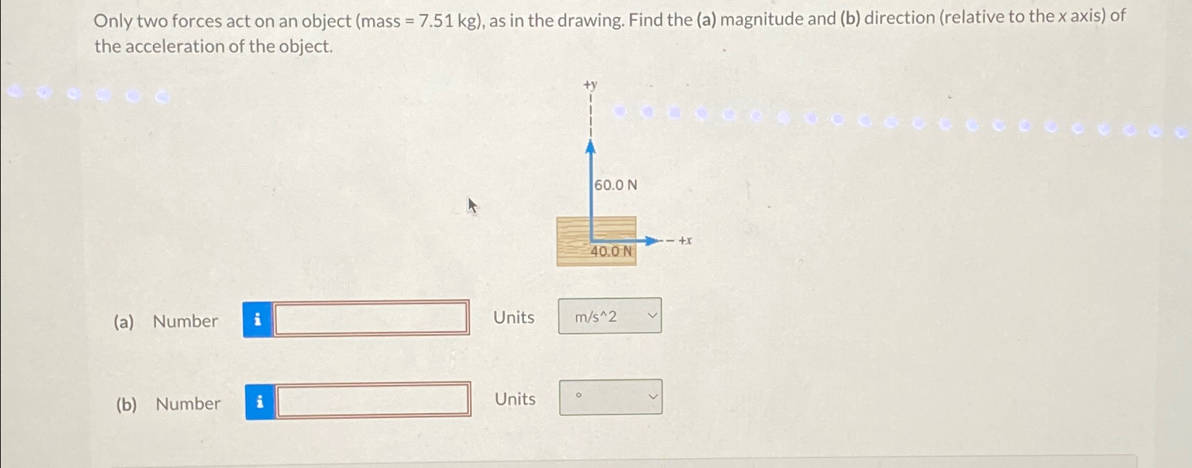 Solved Only two forces act on an object (mass =7.51kg ), ﻿as | Chegg.com