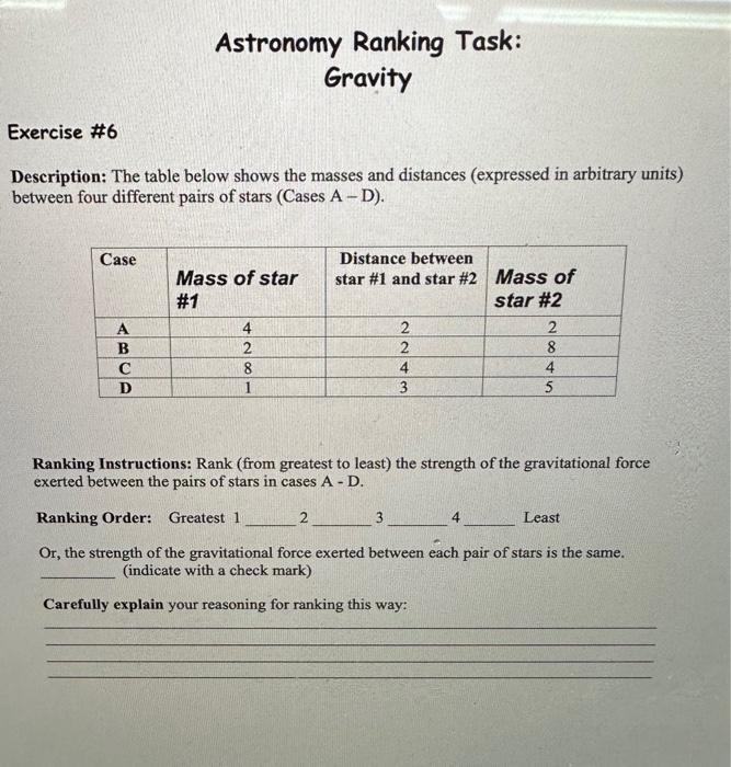 Solved Astronomy Ranking Task: Gravity Exercise \#6 | Chegg.com Solved Astronomy Ranking Task: Gravity Exercise \#6 | Chegg.com