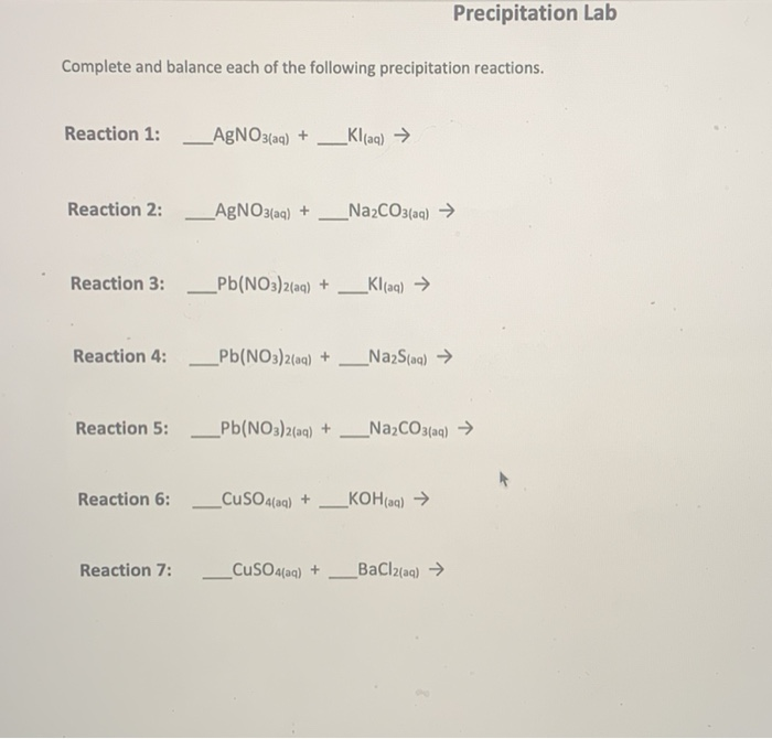 Solved Precipitation Lab Complete and balance each of the | Chegg.com