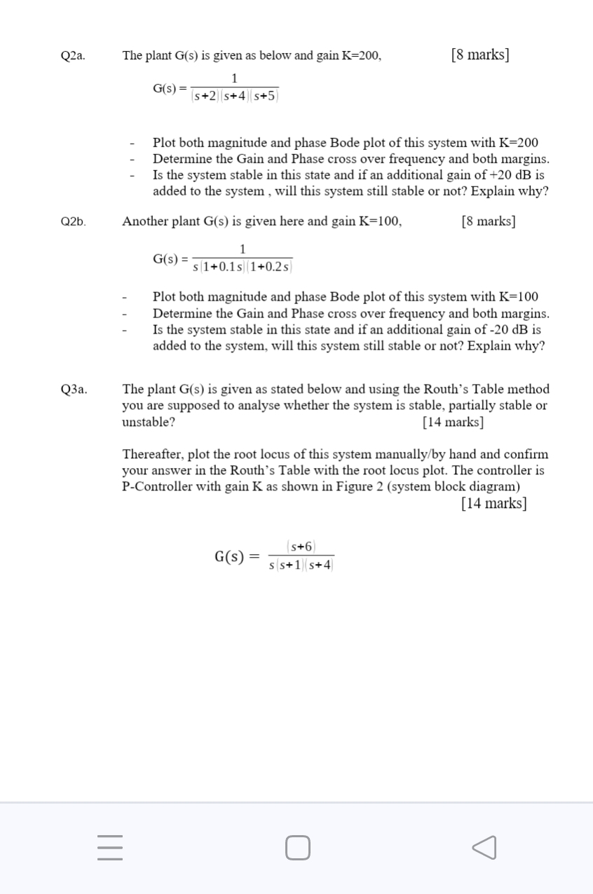 Solved Q2a. ﻿The plant G(s) ﻿is given as below and gain | Chegg.com