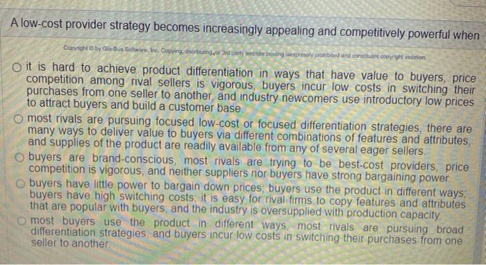 Solved A low-cost provider strategy becomes increasingly | Chegg.com