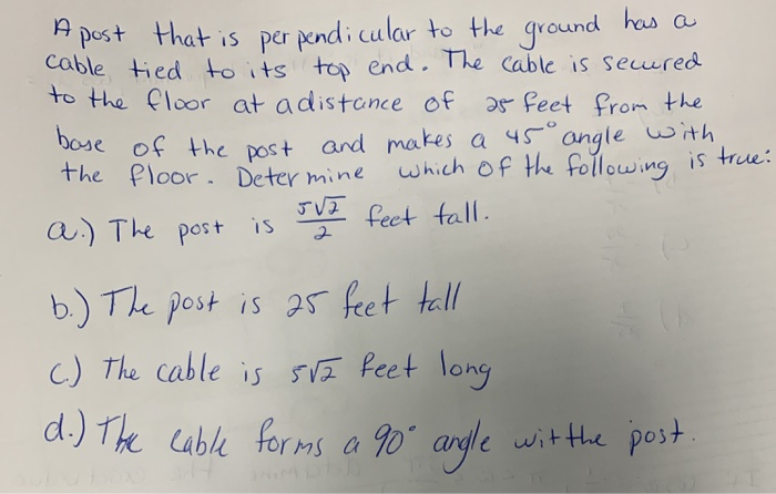 Solved base of the post and makes a 45 angle with A post | Chegg.com