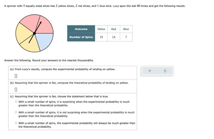 Solved A spinner with 5 equally sized slices has 2 yellow | Chegg.com
