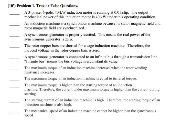Solved 10 ') Problem 1. True or False Questions. A 3-phase, | Chegg.com