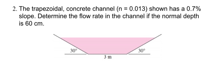 Solved 2. The trapezoidal, concrete channel (n = 0.013) | Chegg.com