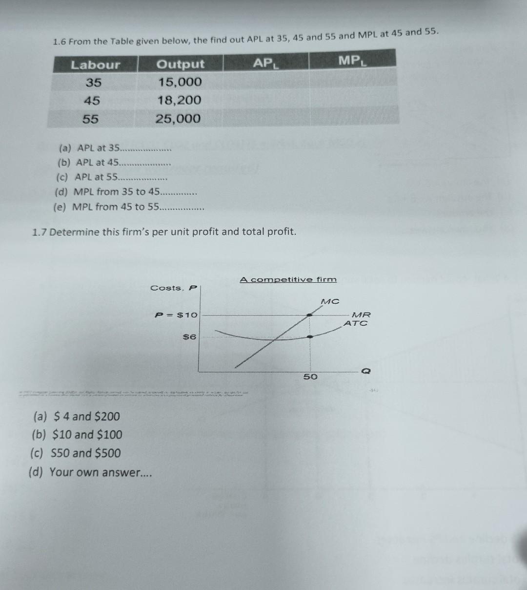 1.6 From the Table given below, the find out APL at | Chegg.com