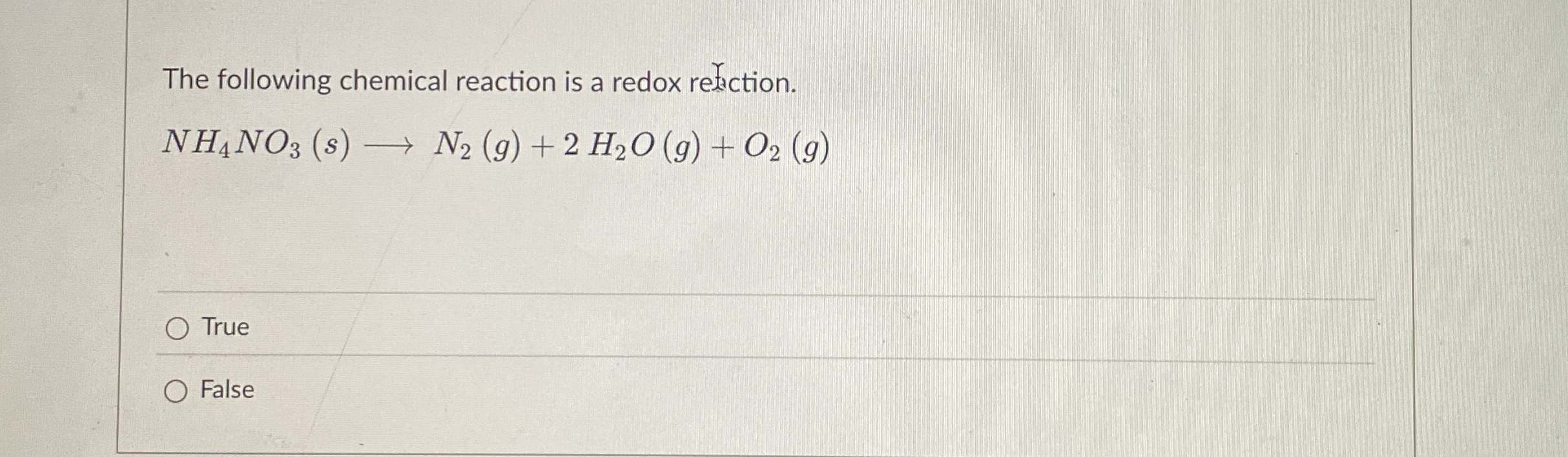 Solved The following chemical reaction is a redox | Chegg.com