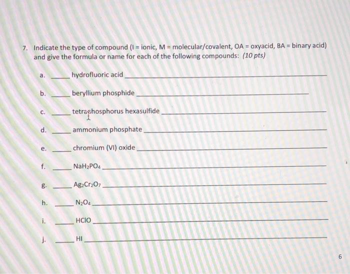 Solved 7. Indicate the type of compound (1 = ionic, M = | Chegg.com