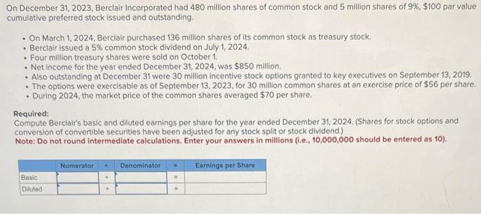 Solved On December 31,2023, Berclair incorporated had 480 | Chegg.com