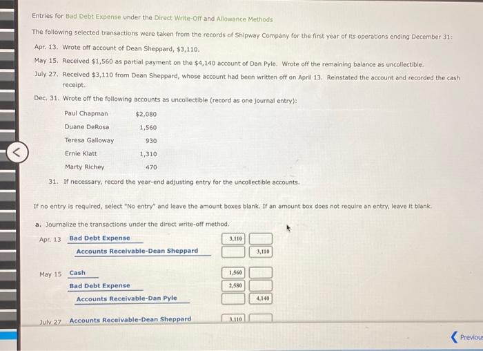 Solved Entries for Bad Debt Expense under the Direct | Chegg.com